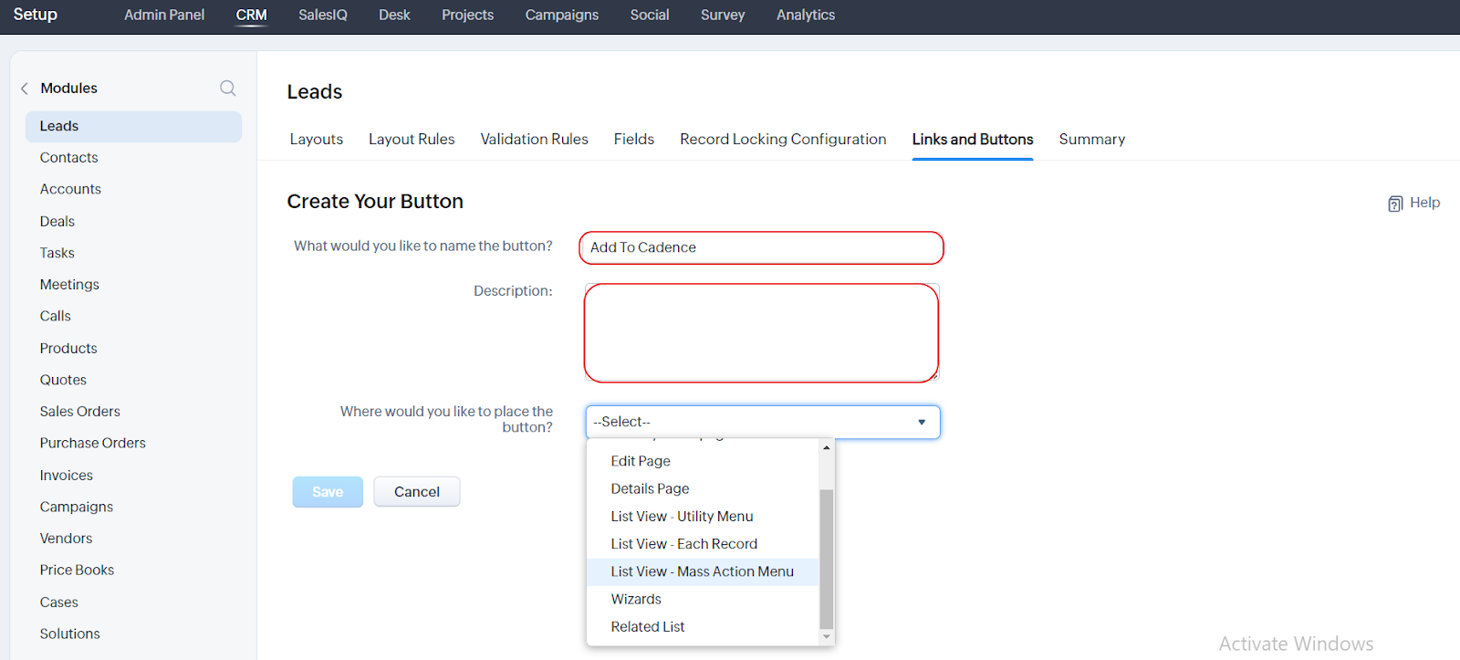 How to add the Add to Cadence button in Zoho: – Ringover Help Center